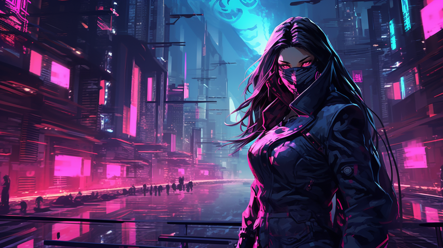 在雨中的蒙面赛博女刺客-7AAI视频绘画资源站